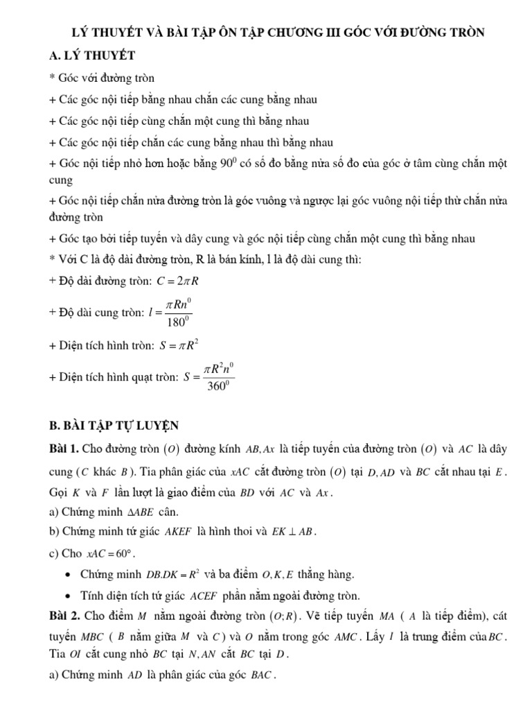 Ly Thuyet Toan 9 Chuong 3 Hinh Hoc Goc Voi Duong Tron Moi 2023 Bai Tap | PDF