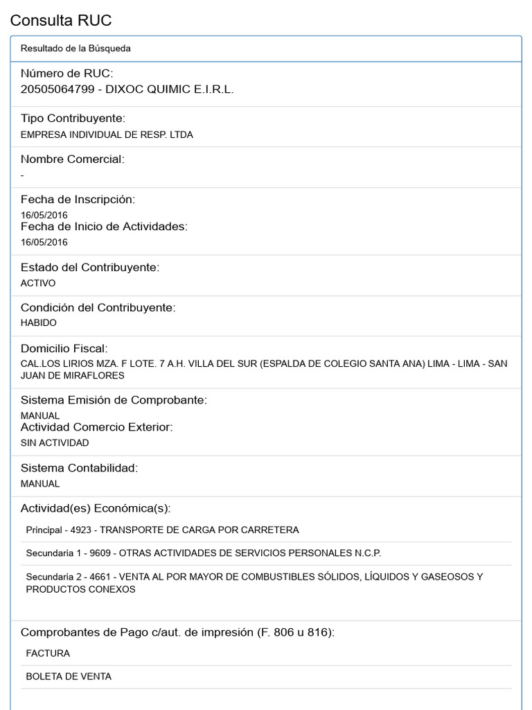 Consulta Ruc 20505064799-C7C-746 Dixoc Quimic E.I.R.L. | PDF