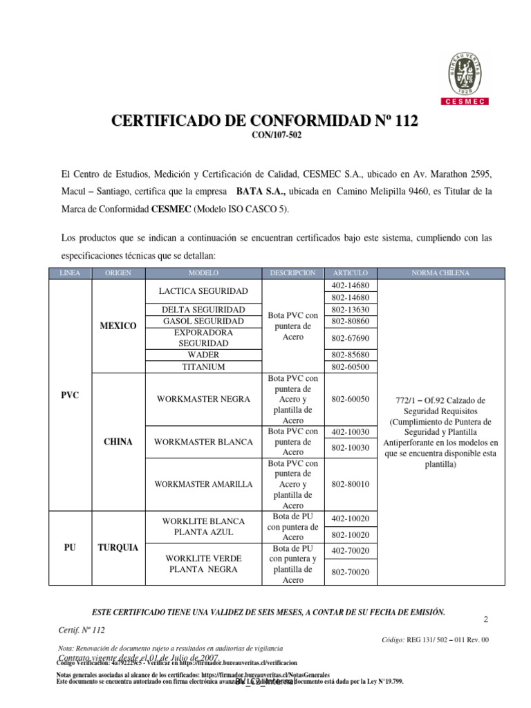 Certificado CESMEC para Calzado BATA | PDF
