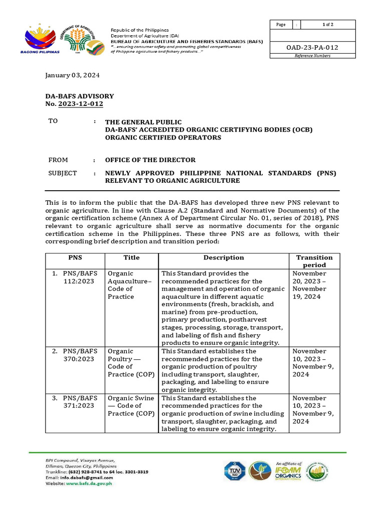 DA-BAFS Advisory No. 2023-12-012 | PDF | Science & Mathematics