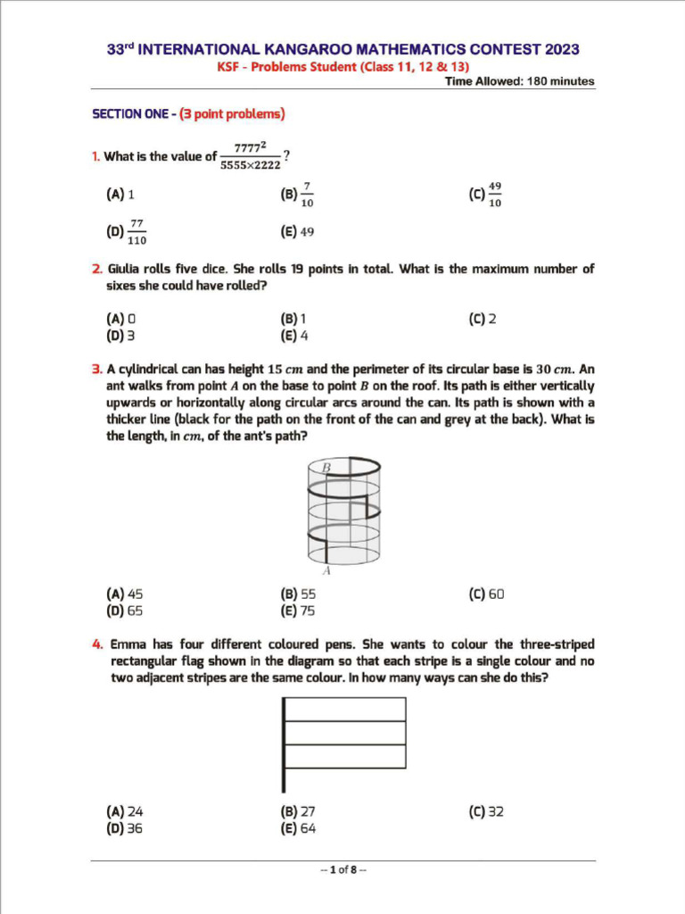 33 International Kangaroo Mathematics Contest 2023: Section One | PDF ...