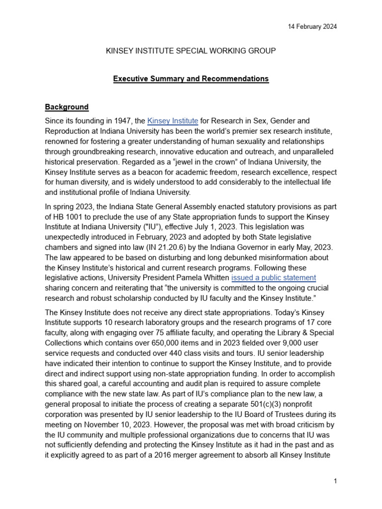 Kinsey Institute Working Group Report | PDF | Audit | Accounting