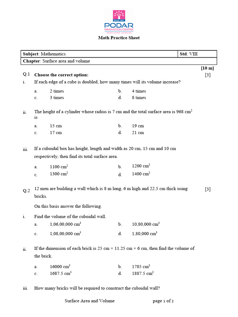 Remedial Practice Sheet of Grade VIII - Math - Surface Area and Volume ...