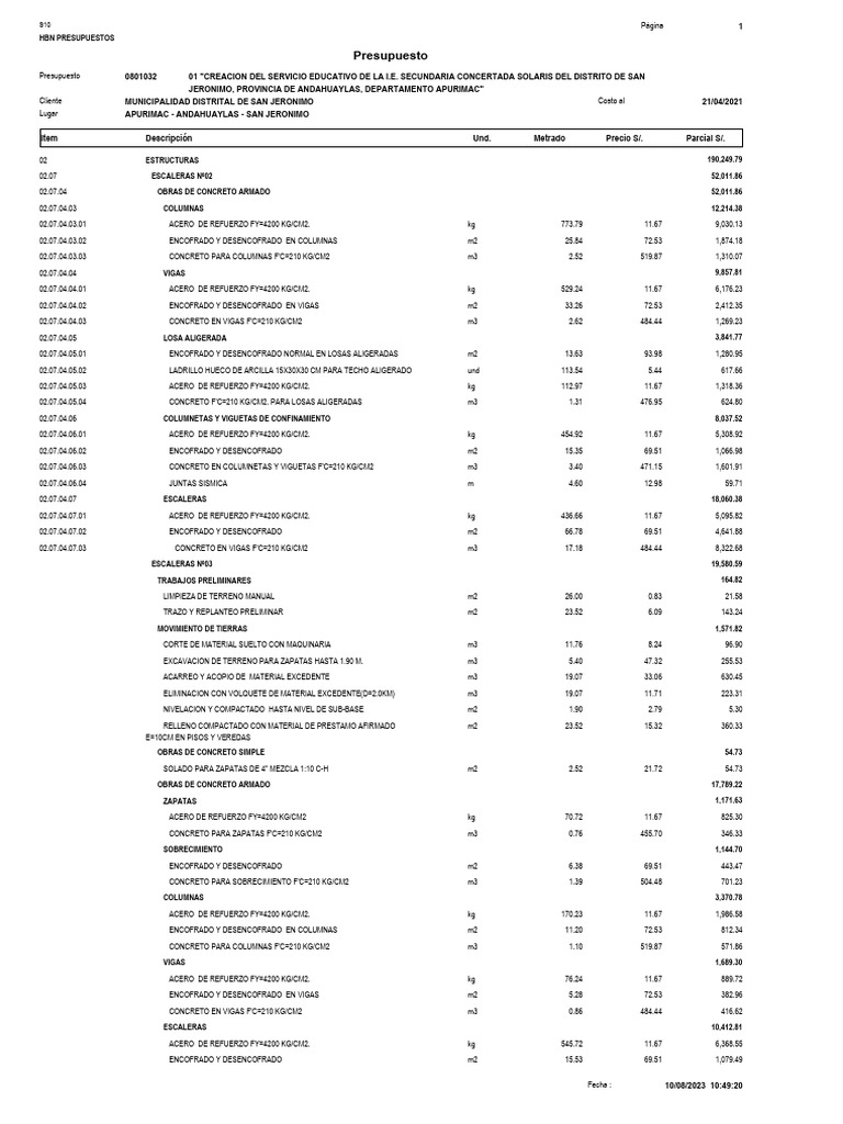 Presupuesto Expediente Tecnico | PDF | Hormigón | Naturaleza