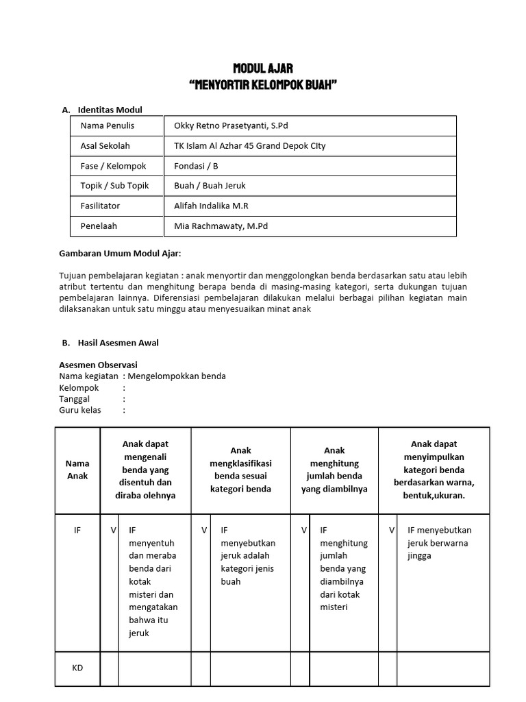 Modul Ajar Menyortir Buah Jeruk Anak | PDF