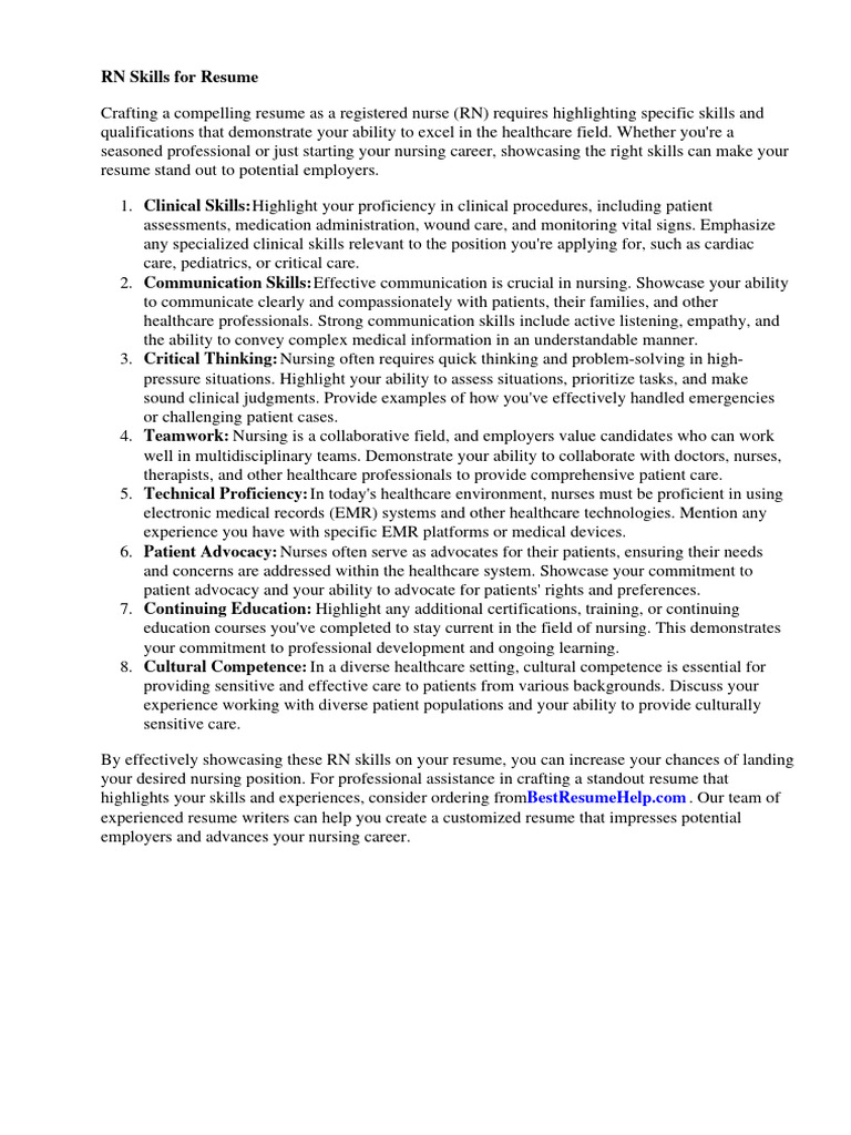 RN Skills For Resume | PDF | Nursing | Résumé