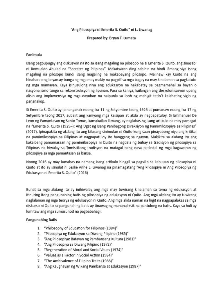 Ang Pilosopiya Ni Emerita S. Quito Ni L. Liwanag | PDF
