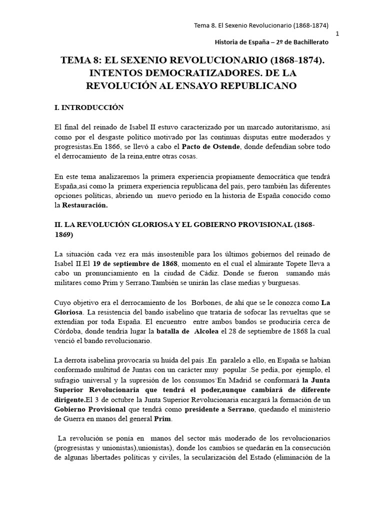 Tema 8. El Sexenio Democrático | PDF | Gobierno | Política de españa