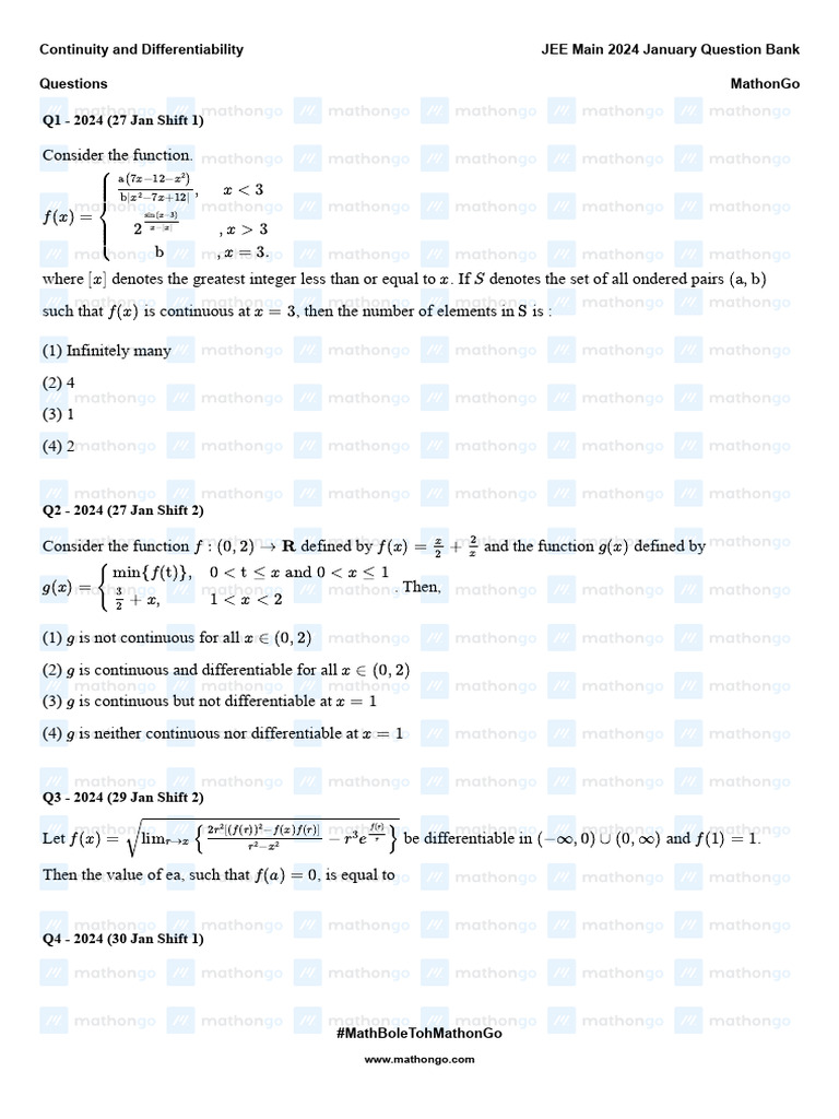 Continuity and Differentiability - JEE Main 2024 January Question Bank - MathonGo | PDF ...