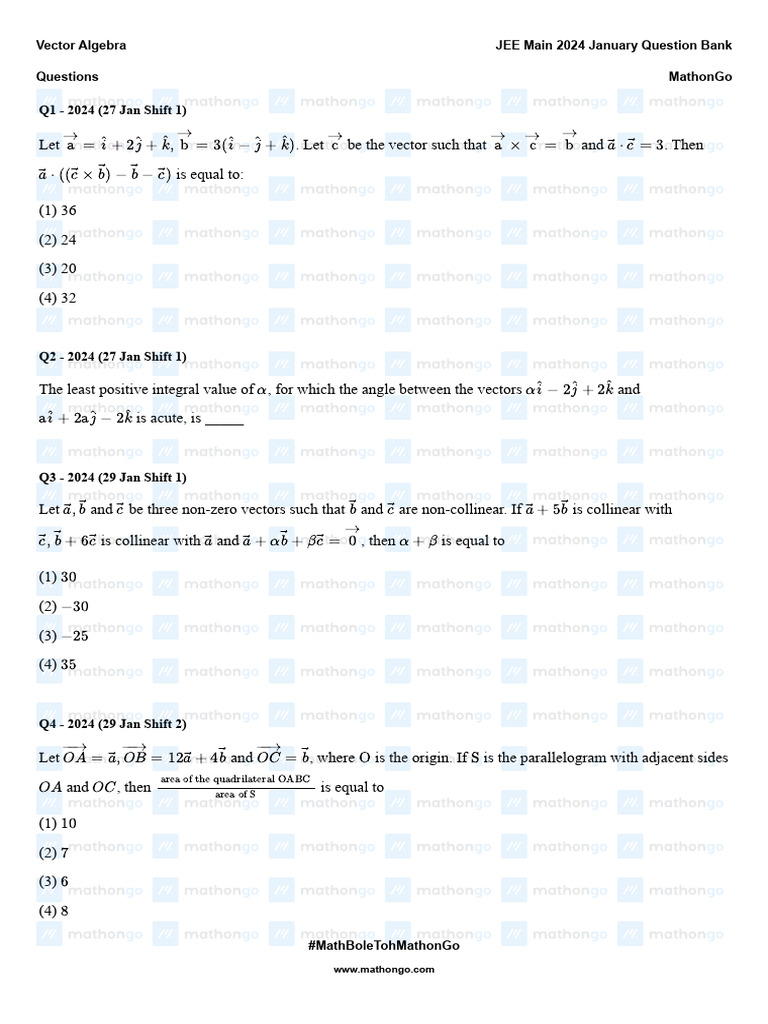 JEE Main 2024 Vector Algebra Questions | PDF | Geometry | Euclidean Geometry