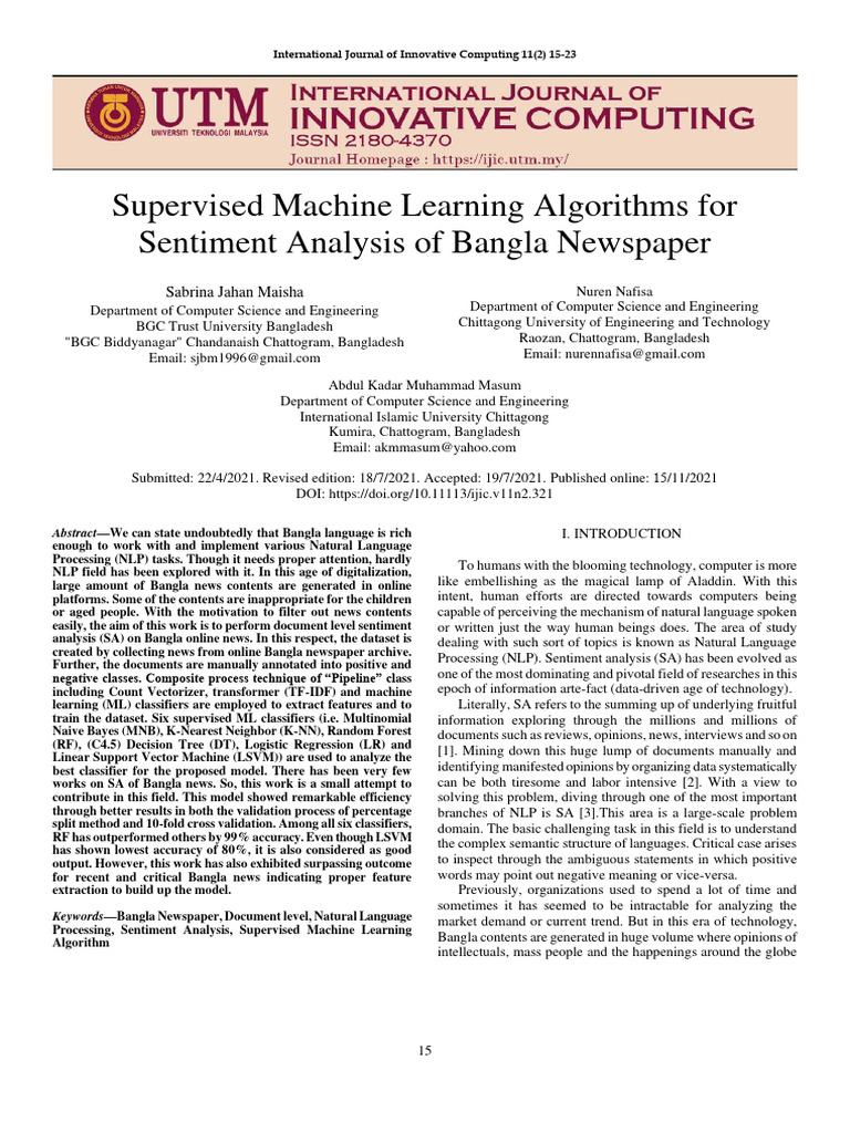 Maisha Et Al. - 2021 - Supervised Machine Learning Algorithms For Sentime | PDF | Cybernetics ...