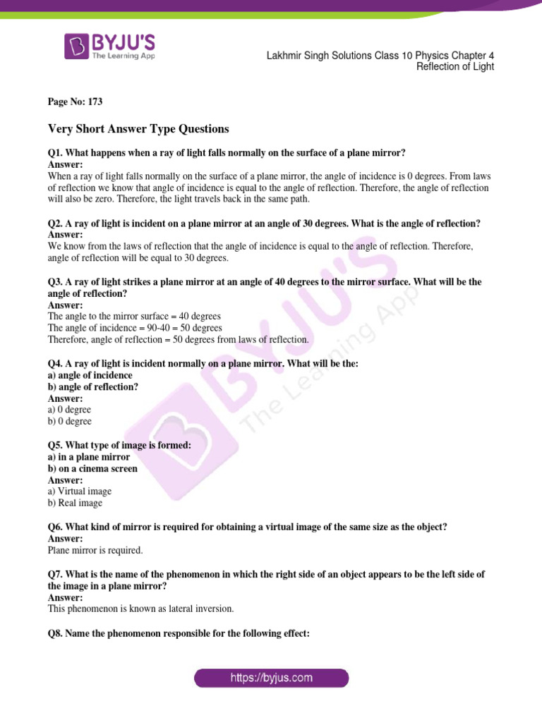 Class 10 Physics: Reflection of Light Solutions | PDF | Mirror ...
