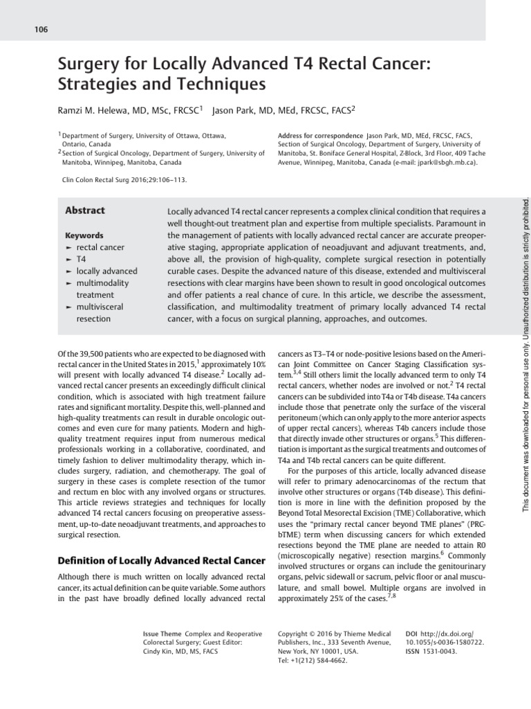 Surgery For Locally Advanced T4 Rectal Cancer | PDF | Colorectal Cancer | Radiation Therapy