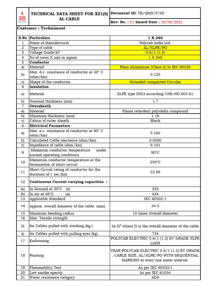 LV Cable - Al - 1C X 240 SQMM - AD8 | PDF | Electrical Resistivity And ...