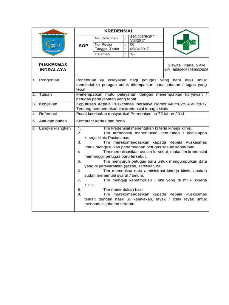 SOP Kredensial Puskesmas Indralaya | PDF