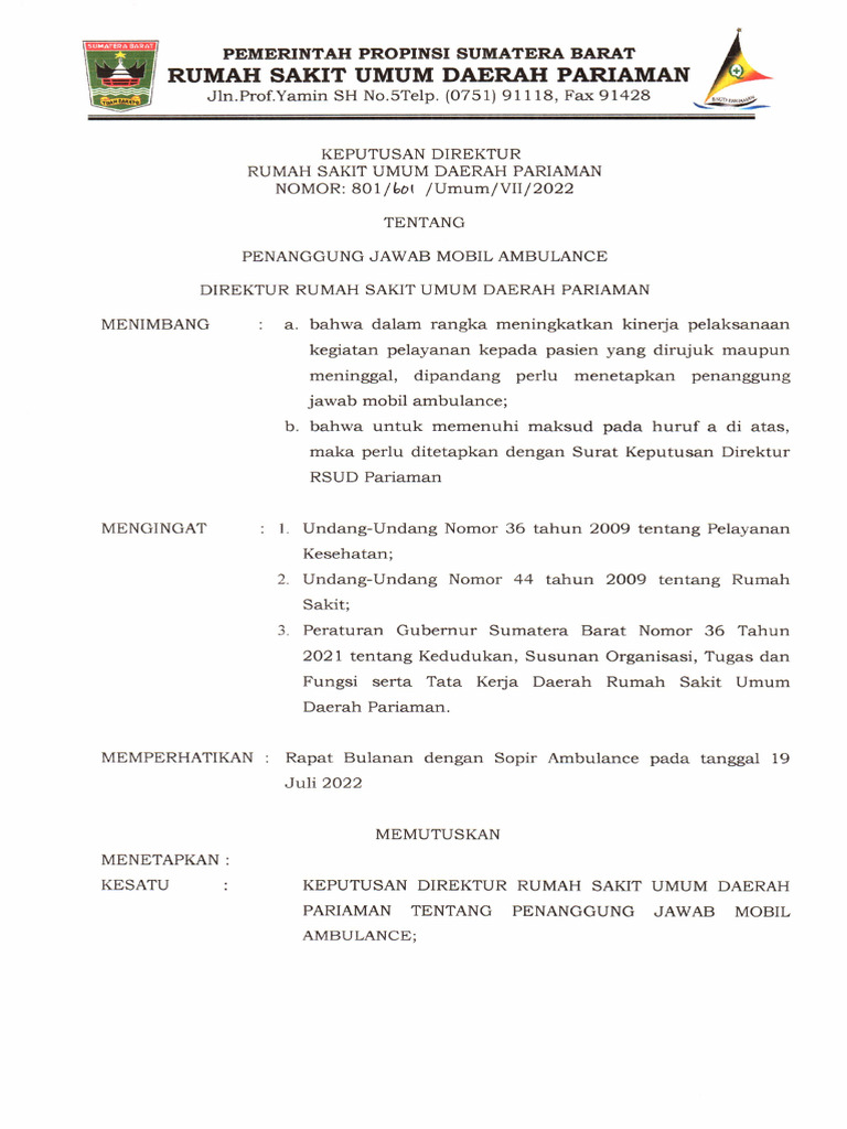 SK PENANGGUNG JAWAB MOBIL AMBULANCE (1) - RSUD Pariaman | PDF