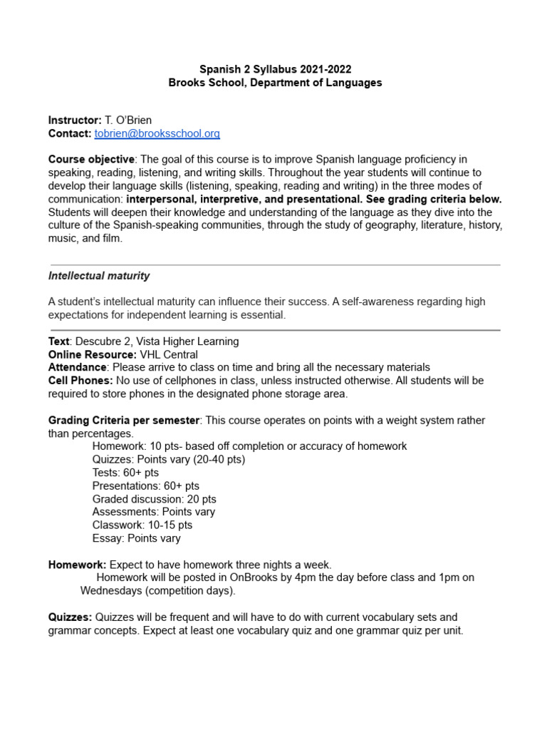 Spanish 2 Syllabus | PDF | Homework | Learning