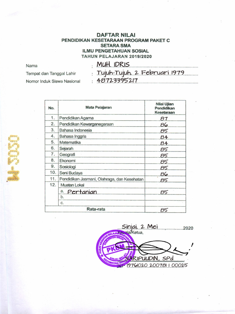 Muh. Idris Daftar Nilai | PDF