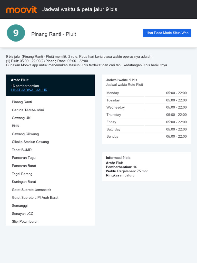 Pinang Ranti - Pluit: Jadwal Waktu & Peta Jalur 9 Bis | PDF