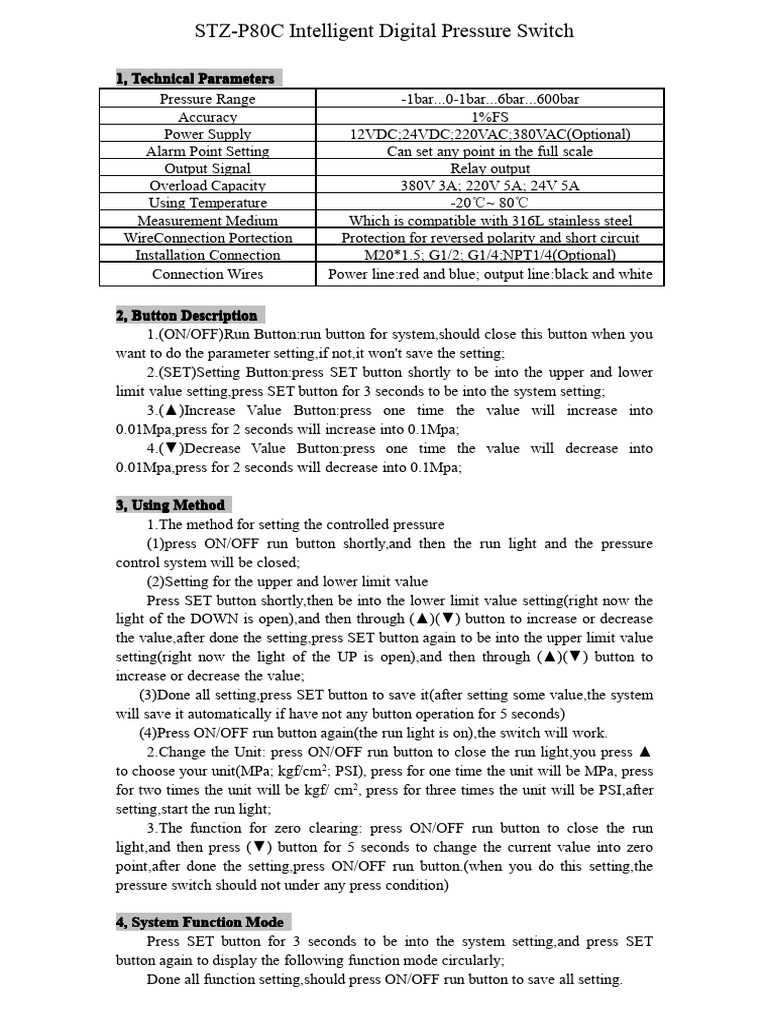 Instruction For STZ-P80C Pressure Switch | PDF | Button (Computing) | Parameter (Computer ...