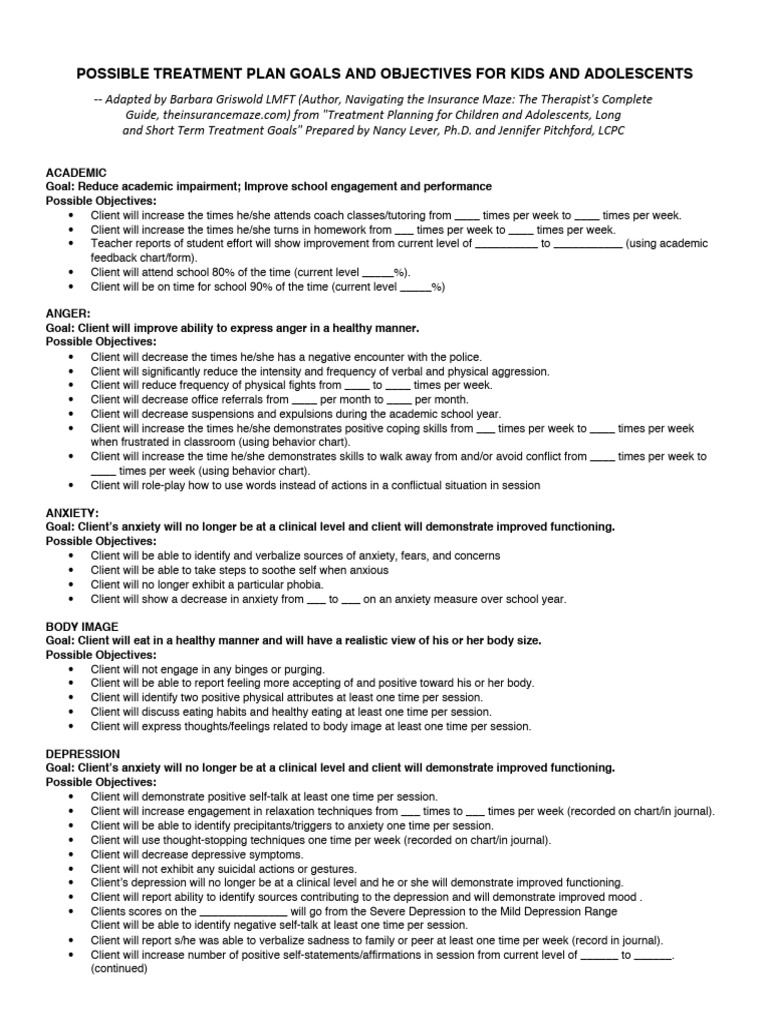 Treatment Plan Goals Kids Teens | PDF | Anxiety | Major Depressive Disorder