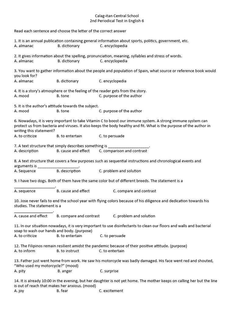2nd Periodical Test for Grade 6 English | PDF