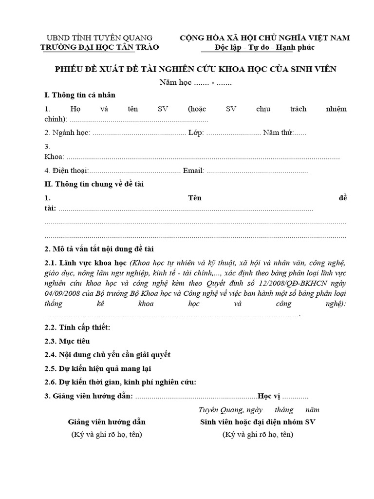 Mẫu 01 - Phiếu đề xuất đề tài NCKH SV | PDF