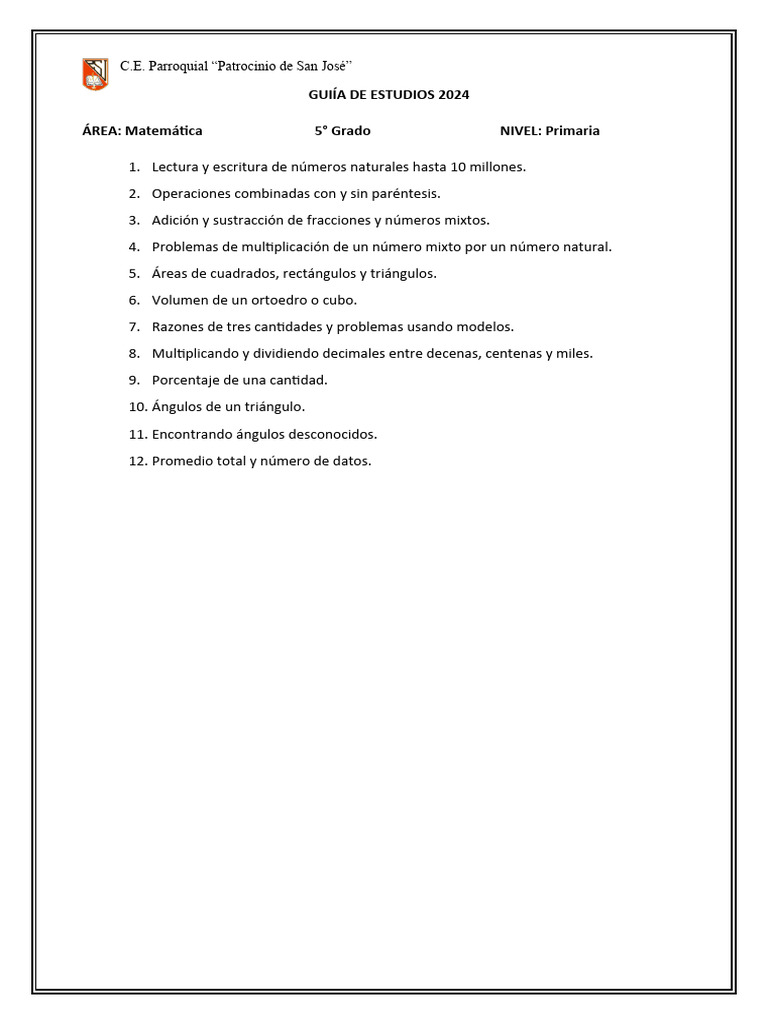 Guia de Estudios 5° Grado Matemática 2024 | PDF | Métodos y materiales ...