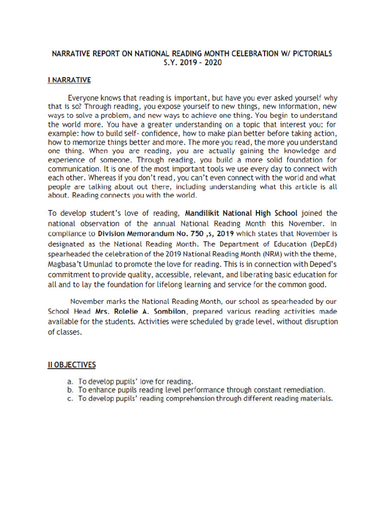 A Narrative Report On The Reading Month Celebration | PDF | Literacy ...