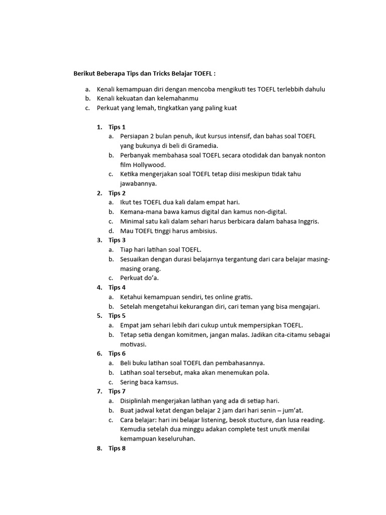Berikut Beberapa Tips Dan Tricks Belajar TOEFL | PDF
