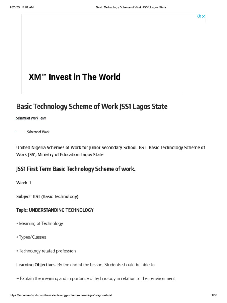 Basic Technology Scheme of Work JSS1 Lagos State | PDF | Learning | Critical Thinking