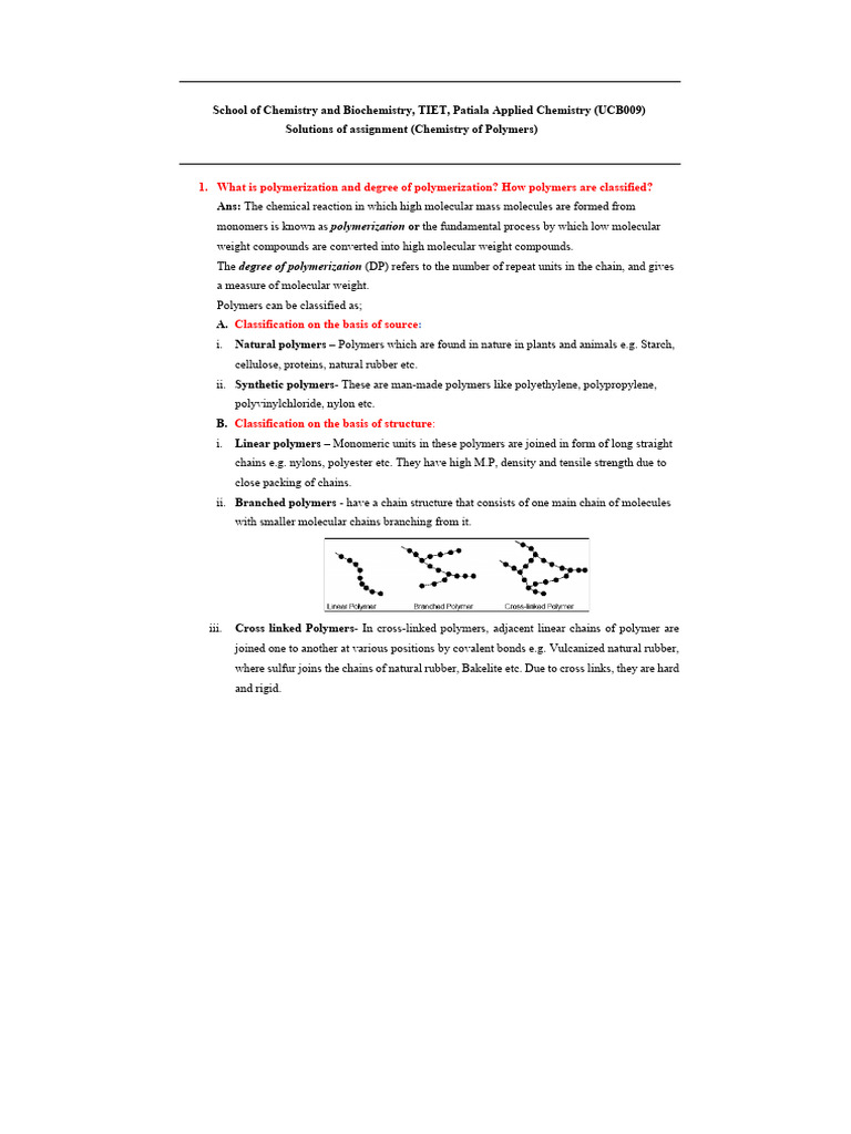 Polymers Assignment Solution | PDF | Polymers | Polymerization