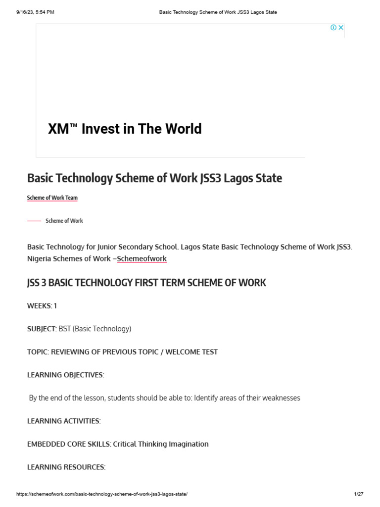 Basic Technology Scheme of Work JSS3 Lagos State | PDF | Plumbing | Learning