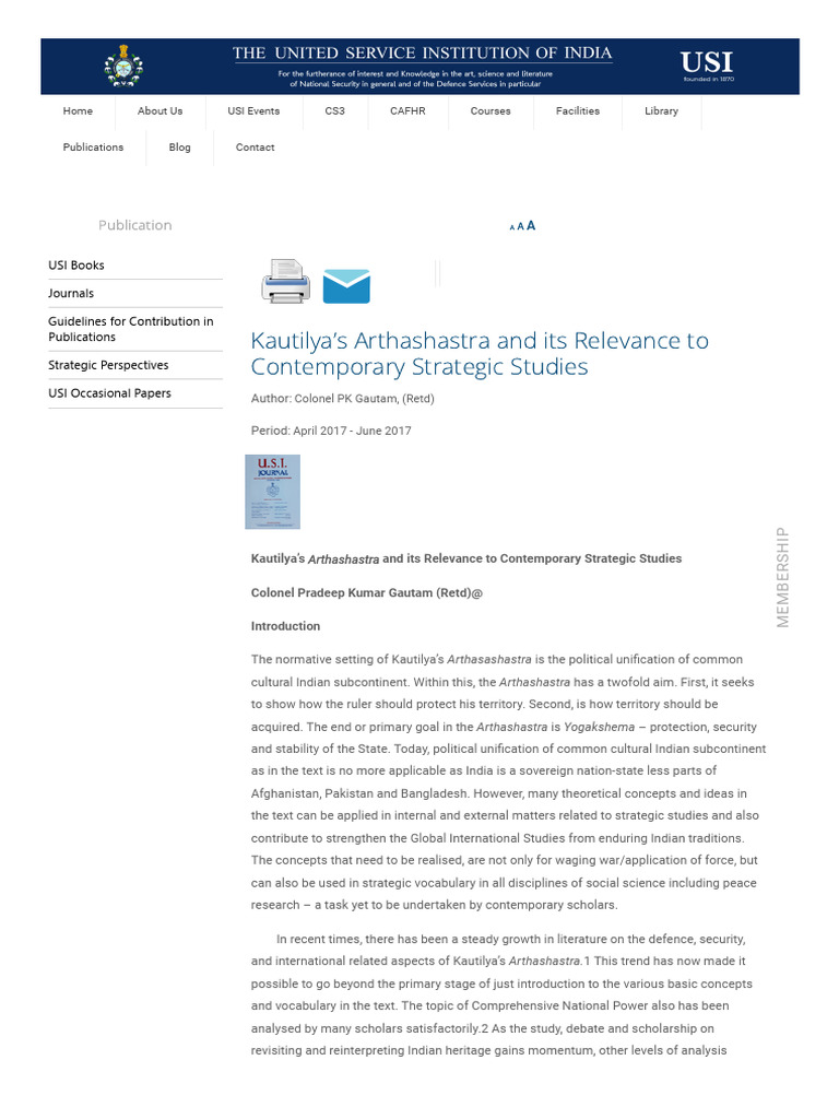 Kautilya's Arthashastra and Its Relevance To Contemporary Strategic Studies - USI | PDF
