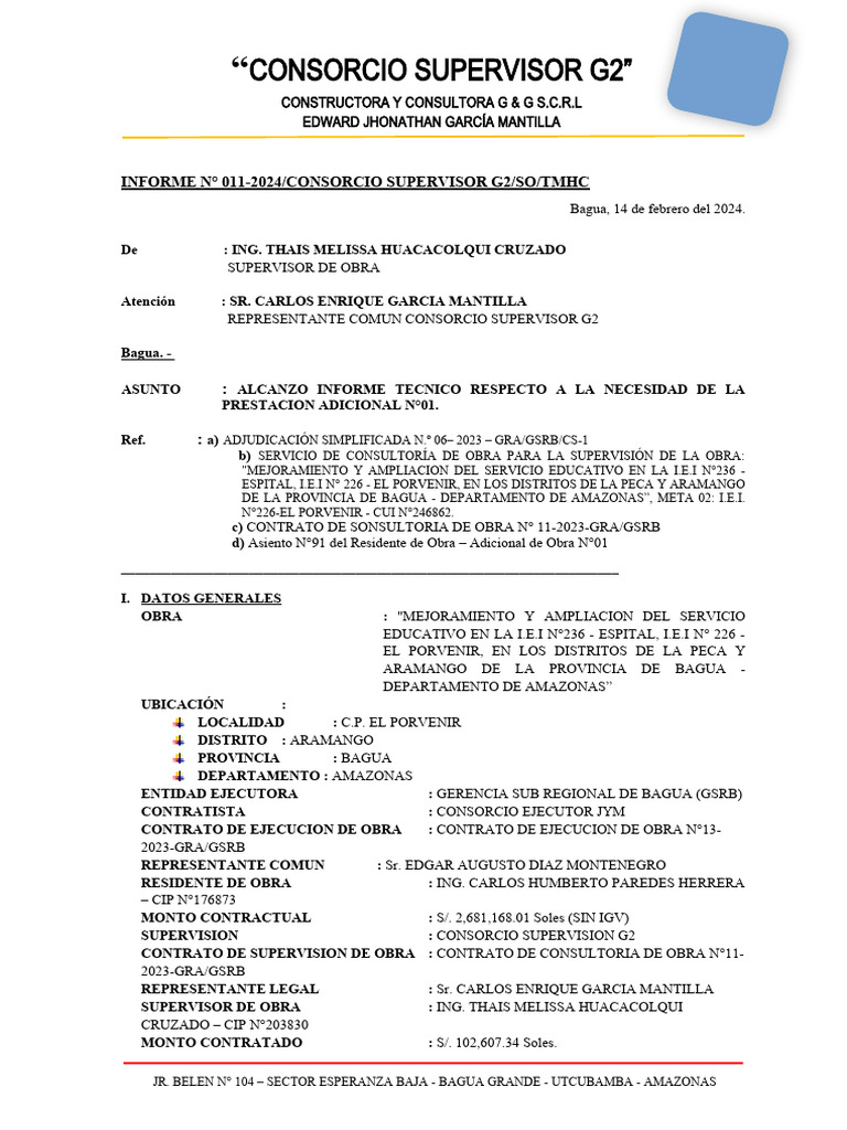Informe #011-2024 - Necesidad de Adicional de Obra N°1 | PDF