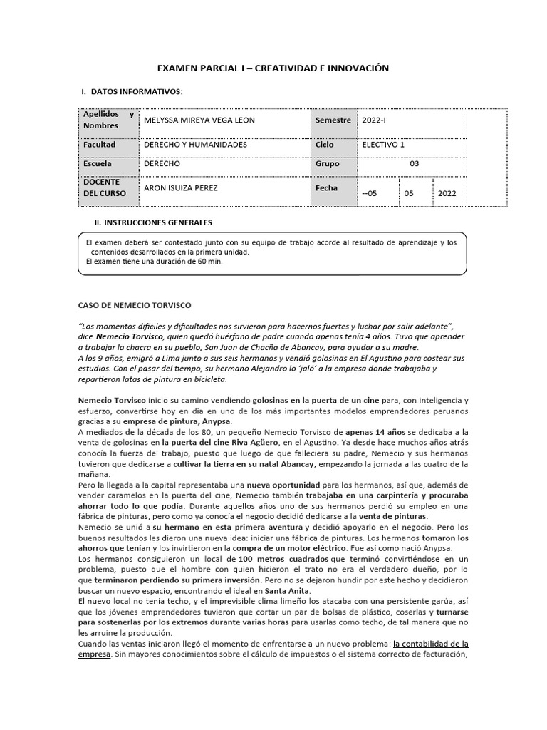 Examen Parcial I - Creatividad e Innovacion - Caso 2 | PDF