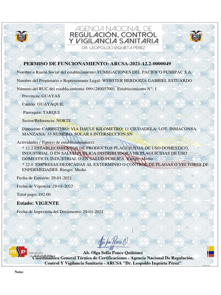 Fumipac Permiso Funcionamiento 2021 | PDF | Negocios