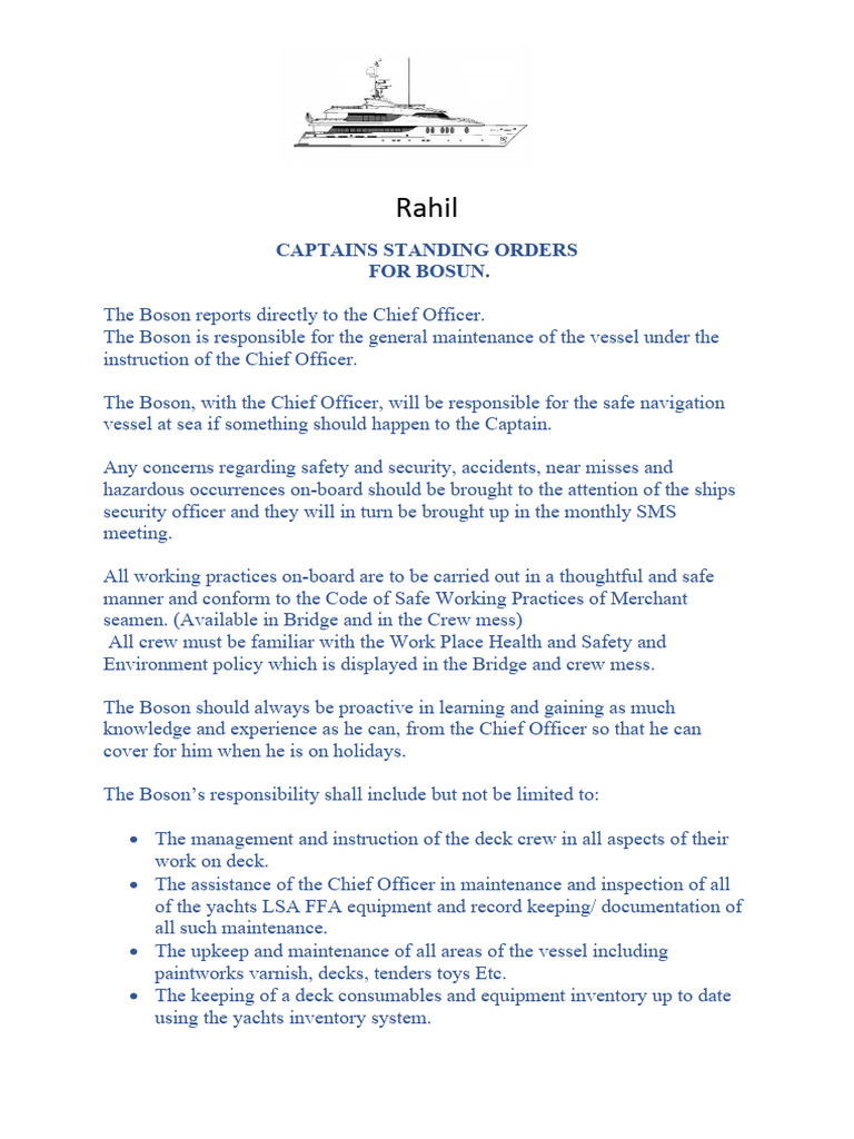 Standing Orders Bosun | PDF | Sea Captain | Shipping