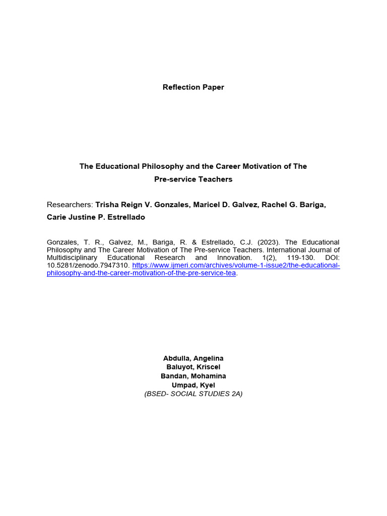 Group 1 - Reflection Paper | PDF | Philosophy Of Education | Teachers