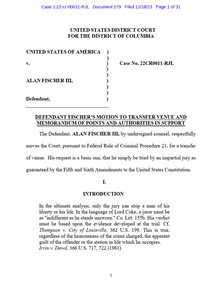 FISCHER Motion To Change Venue Evansfinal | PDF | Sixth Amendment To ...