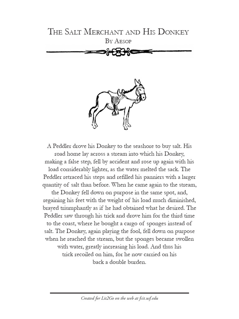 Aesops Fables 070 The Salt Merchant and His Donkey | PDF