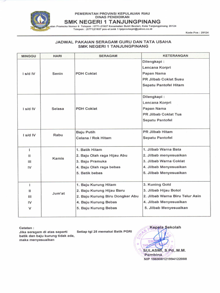 Jadwal Pakaian Seragam Guru Dan Tu SMKN 1 Tpi | PDF