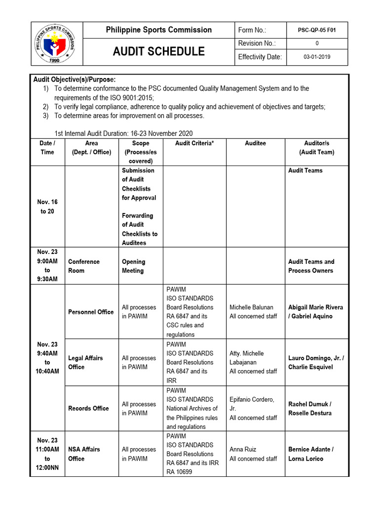 Audit Schedule Nov. 2020 | PDF | Audit | Systems Theory