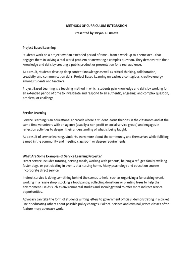 Methods of Curriculum Integration | PDF | Curriculum | Project Based Learning