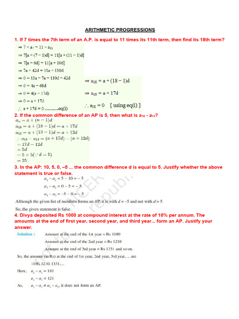 Class 10 Maths CH 5 Arithmetic Progressions | PDF | Triangle | Mathematics