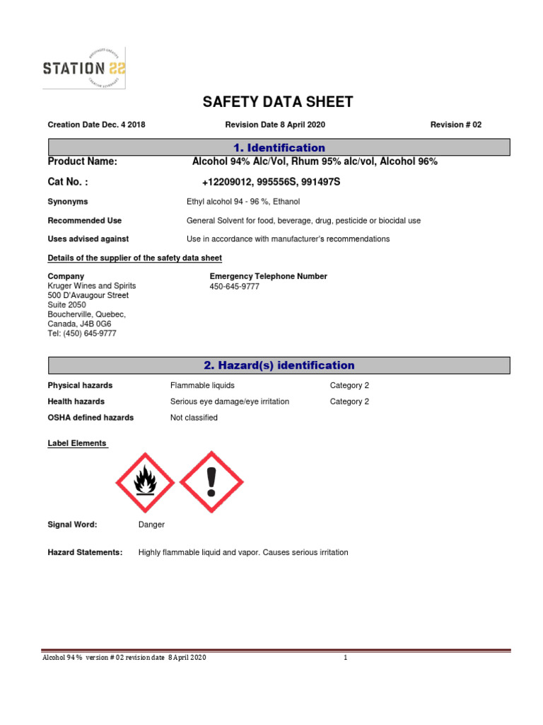 SDS Alcohol 94_ Rhum 95_ alcohol 96__ | PDF | Dangerous Goods | Carcinogen