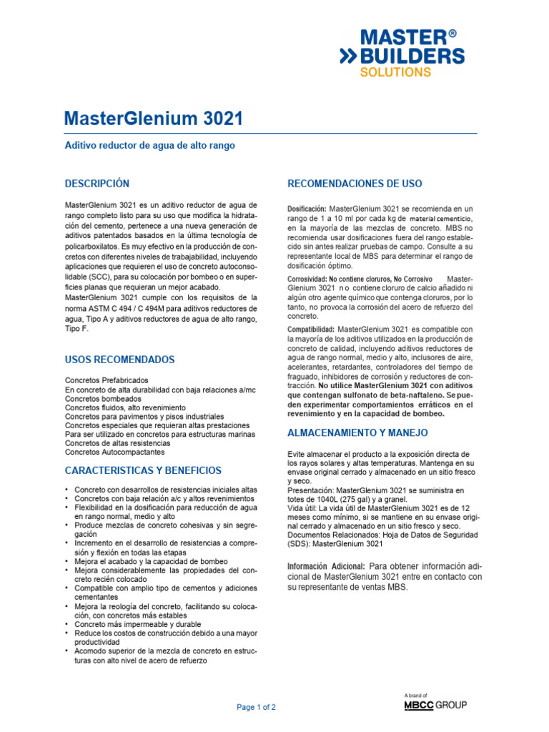MasterGlenium 3021 | Descargar gratis PDF | Hormigón | Química