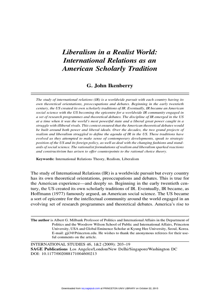 American Ir Realism Vs Liberalism Pdf International Relations