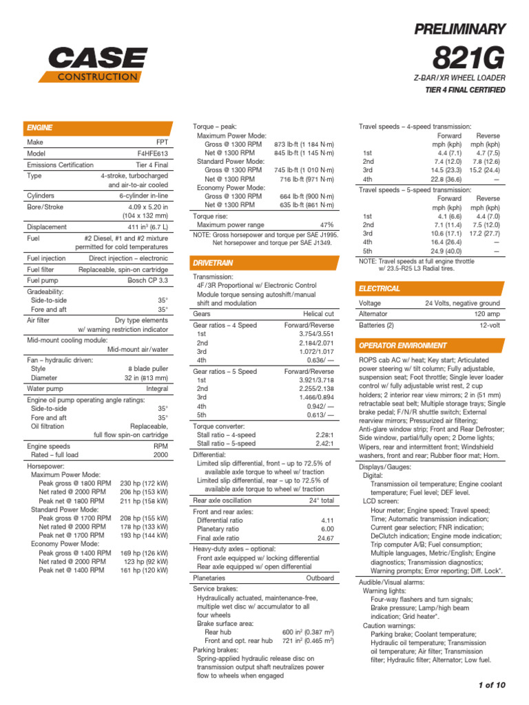 Case 821G Wheel Loader Specifications | PDF | Horsepower | Motor Vehicle