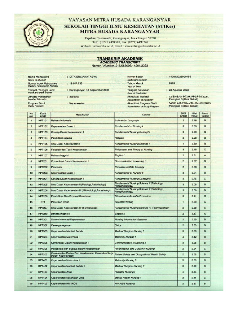 Transkrip Nilai Dita Suci - Compressed | PDF